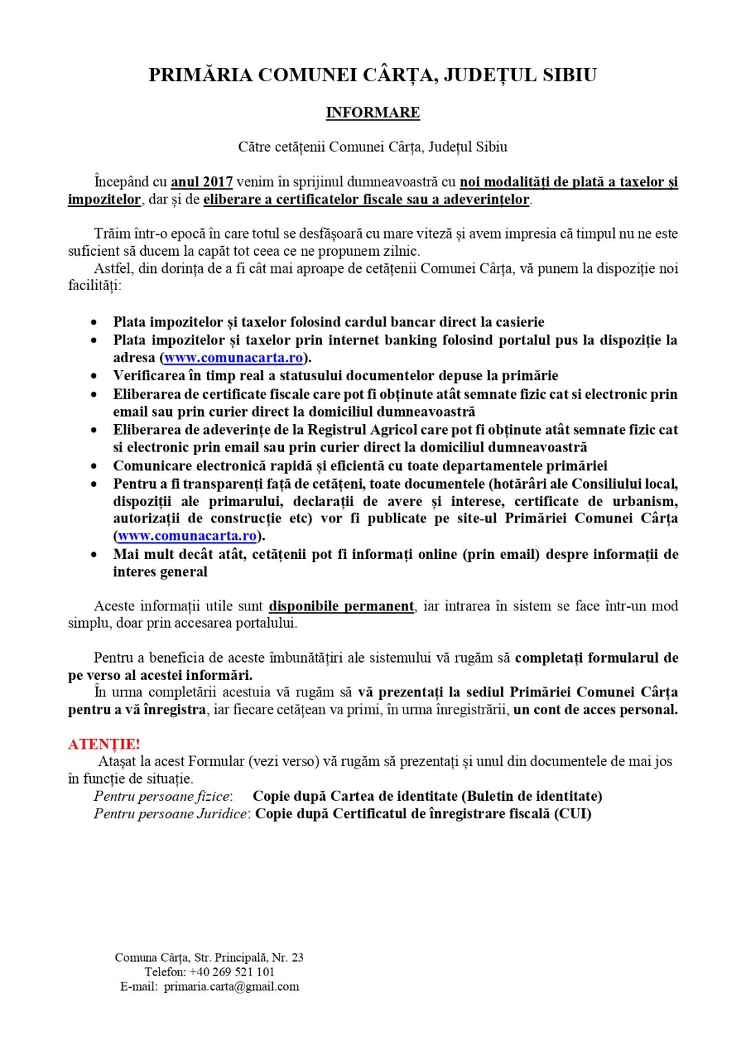 Informare privind accesul la documente | Comuna Carta